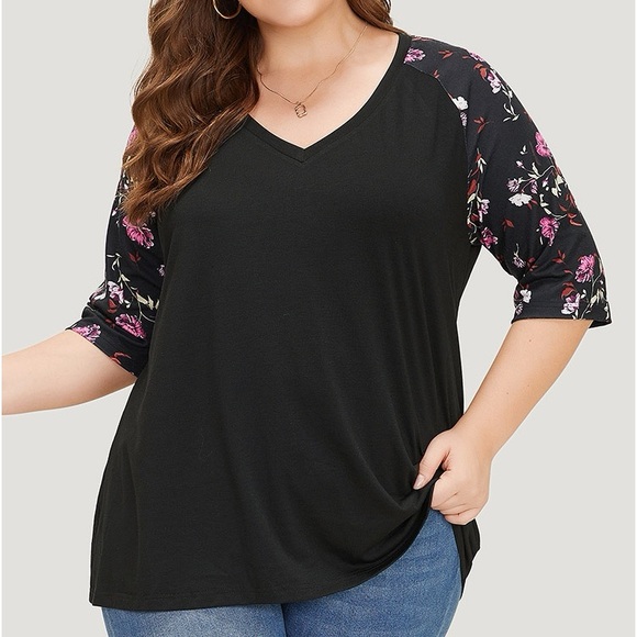 BloomChic | Tops | Bloomchic V Neck Black And Floral Sleeve Short ...